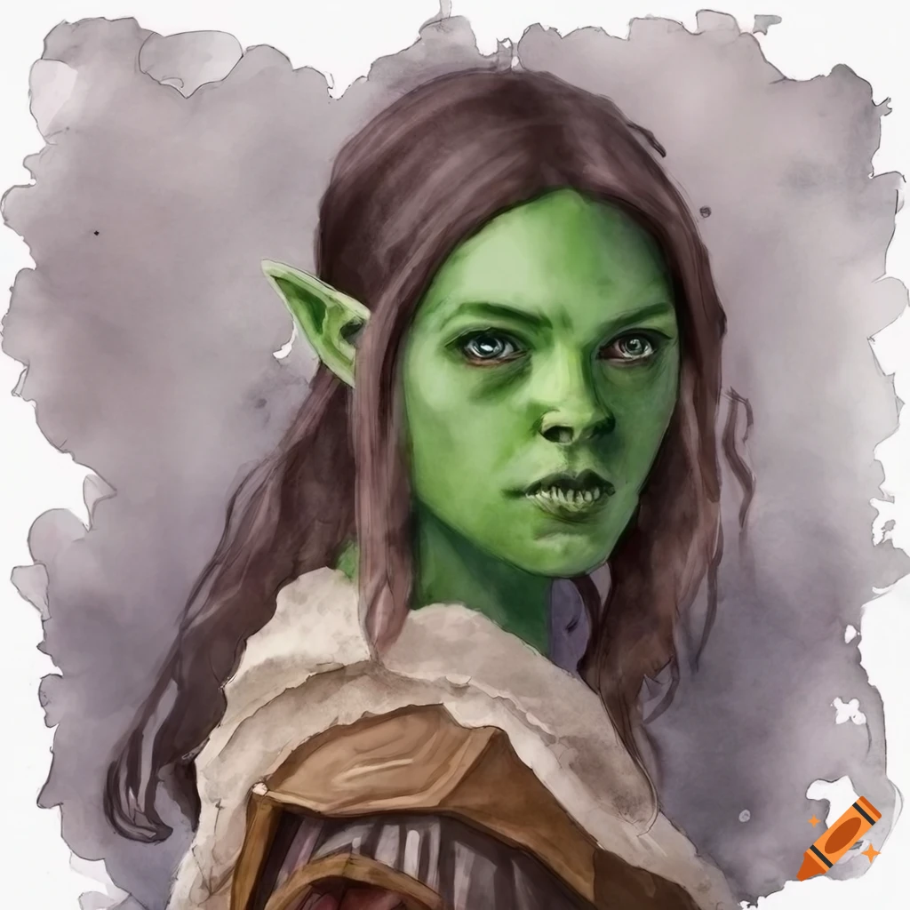 Realistic watercolor portrait of a half-orc woman in medieval clothing ...