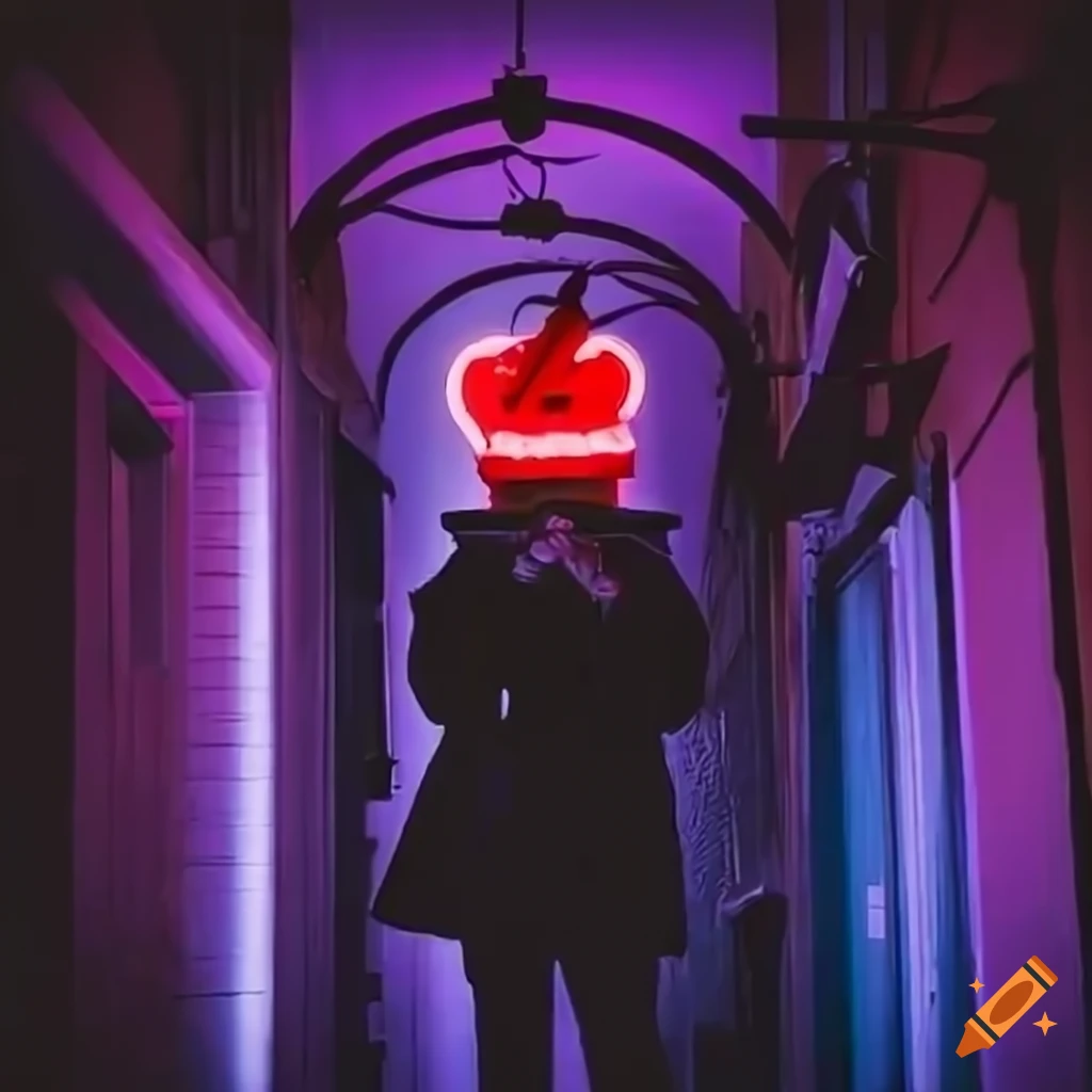 Futuristic detective with cake-shaped head in a neon-lit alleyway on ...