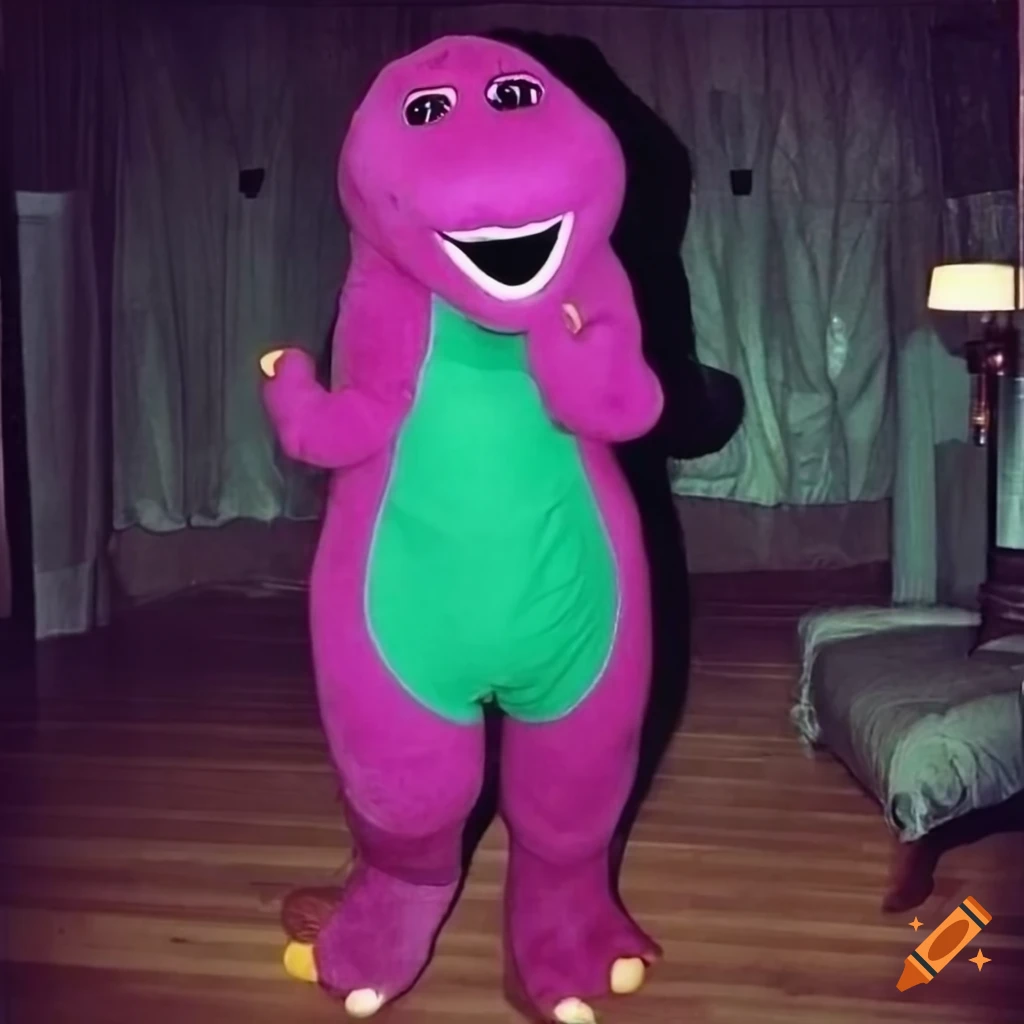 Barney mascot costume in a party with walking party goers on Craiyon
