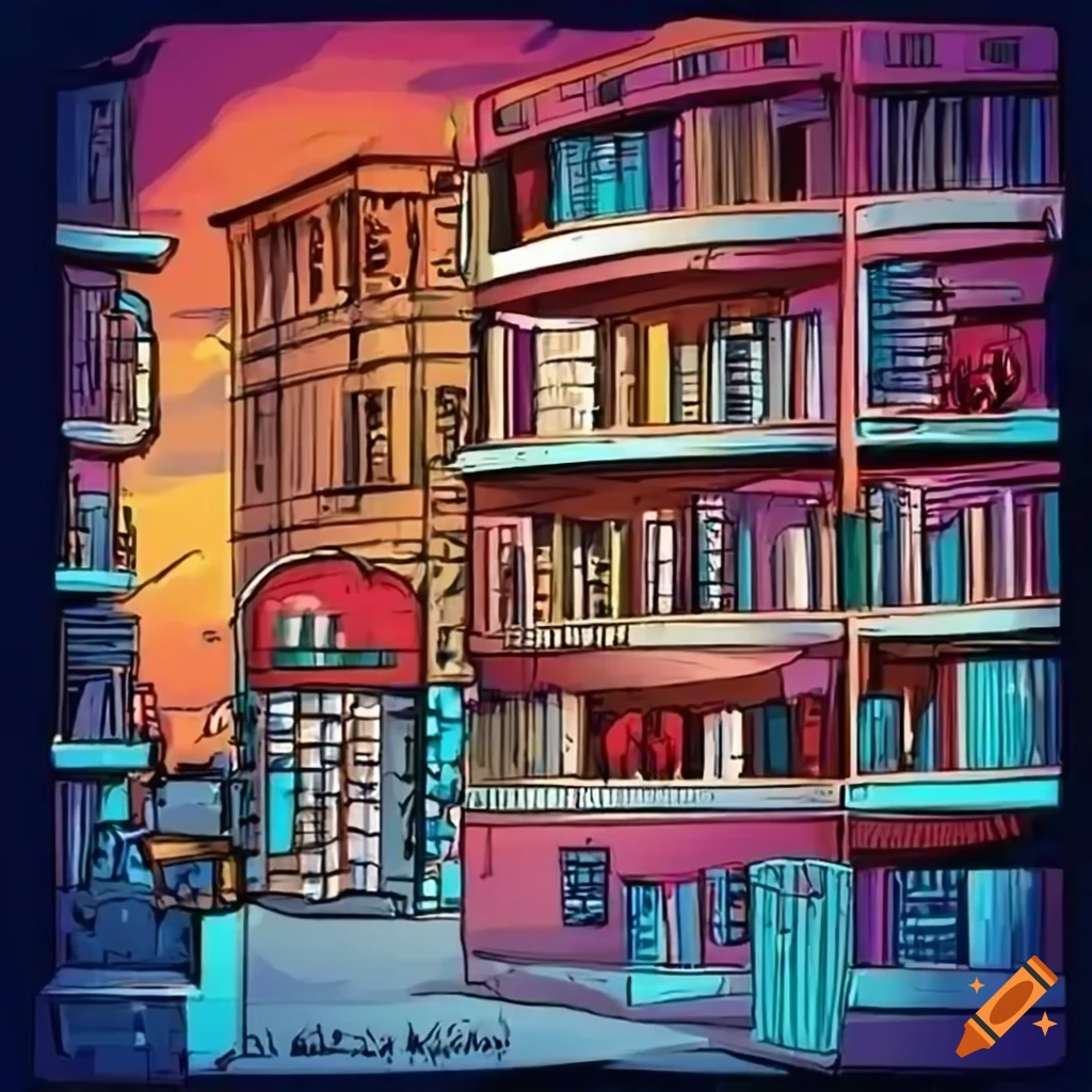 Cityscape library in comic style on Craiyon