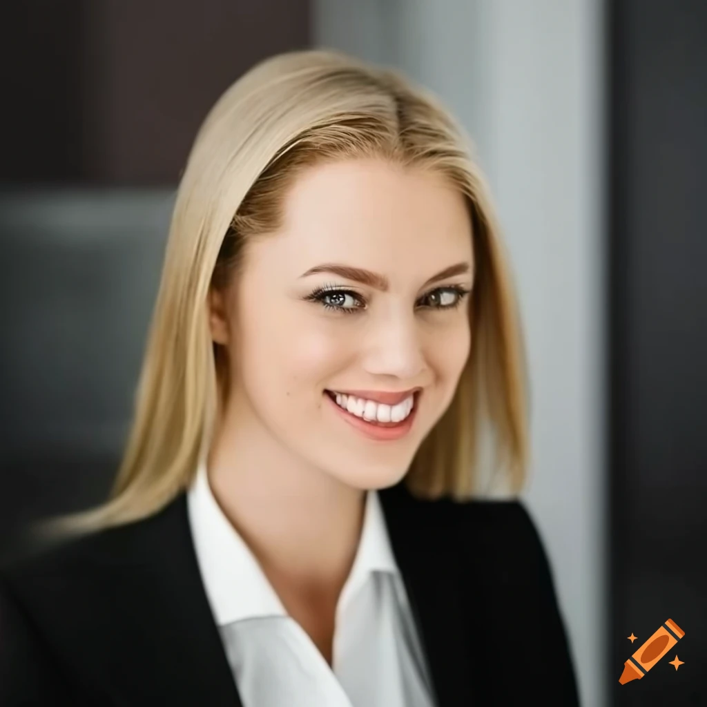 Smiling mid-30s woman in a professional suit for linkedin profile on ...