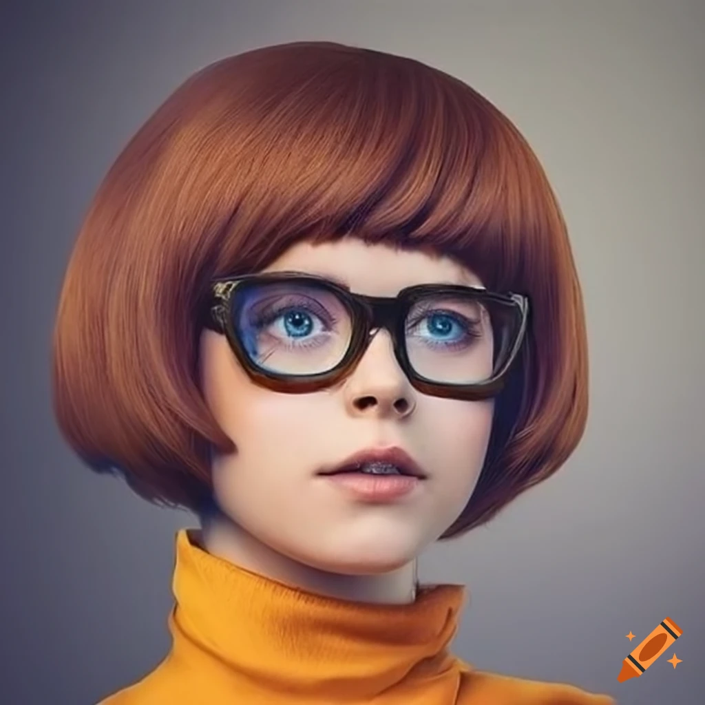 Photo realistic cosplay of velma dinkley with bobbed brown hair, brown eyes, stylish glasses ...