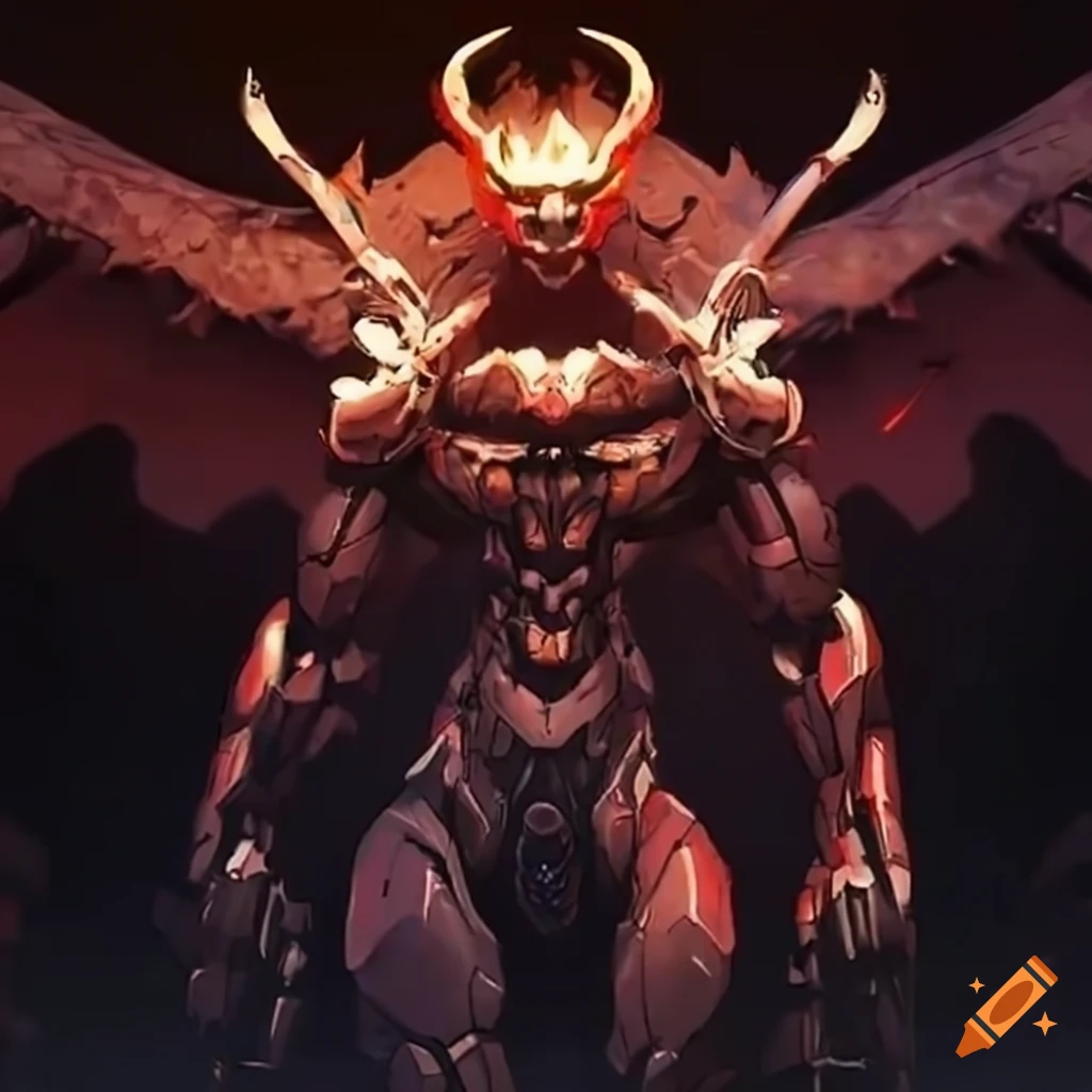 Demon mecha with horns and orange color on Craiyon