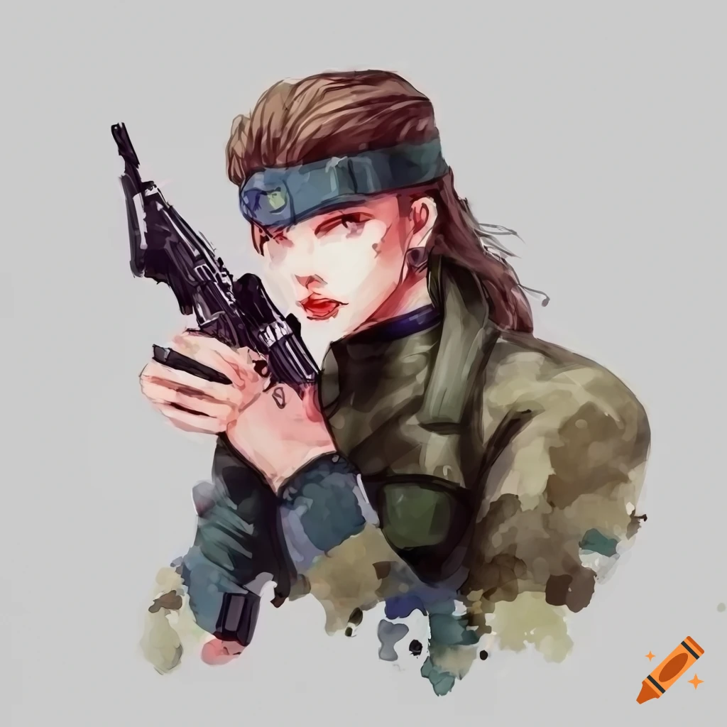 Anime woman dressed as solid snake with a gun in watercolor on Craiyon