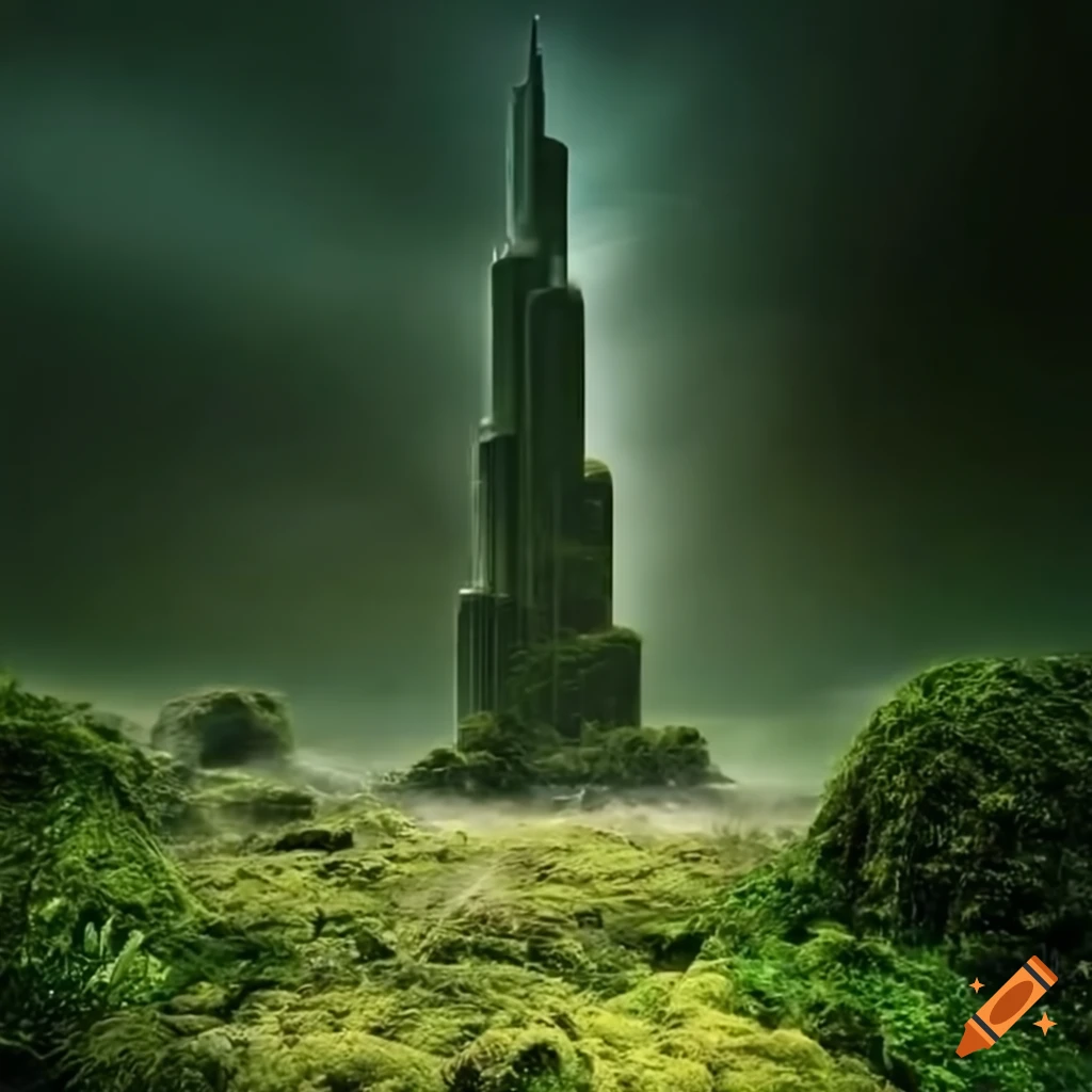 Ruined burj khalifa skyscraper covered in moss and lush vegetation on ...