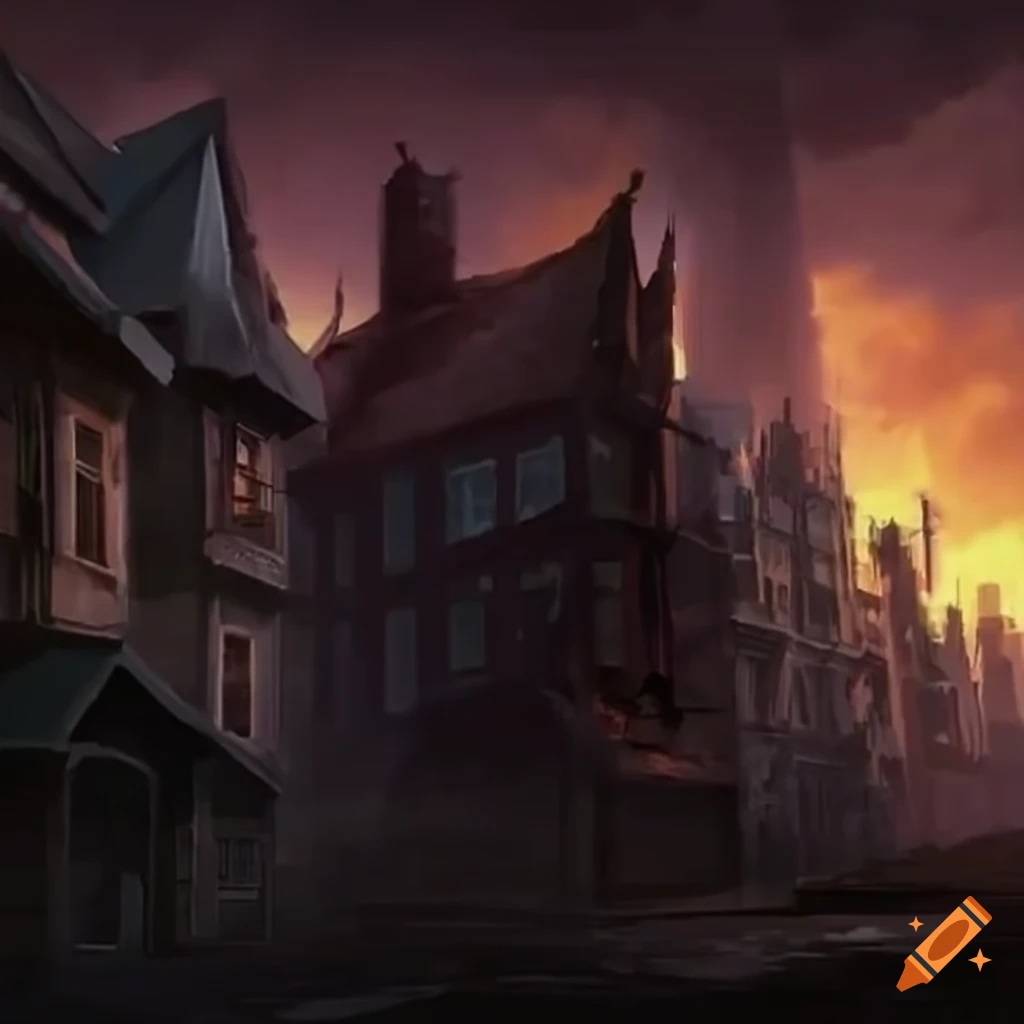 Neighborhood affected by eldritch horror with visible damage on Craiyon