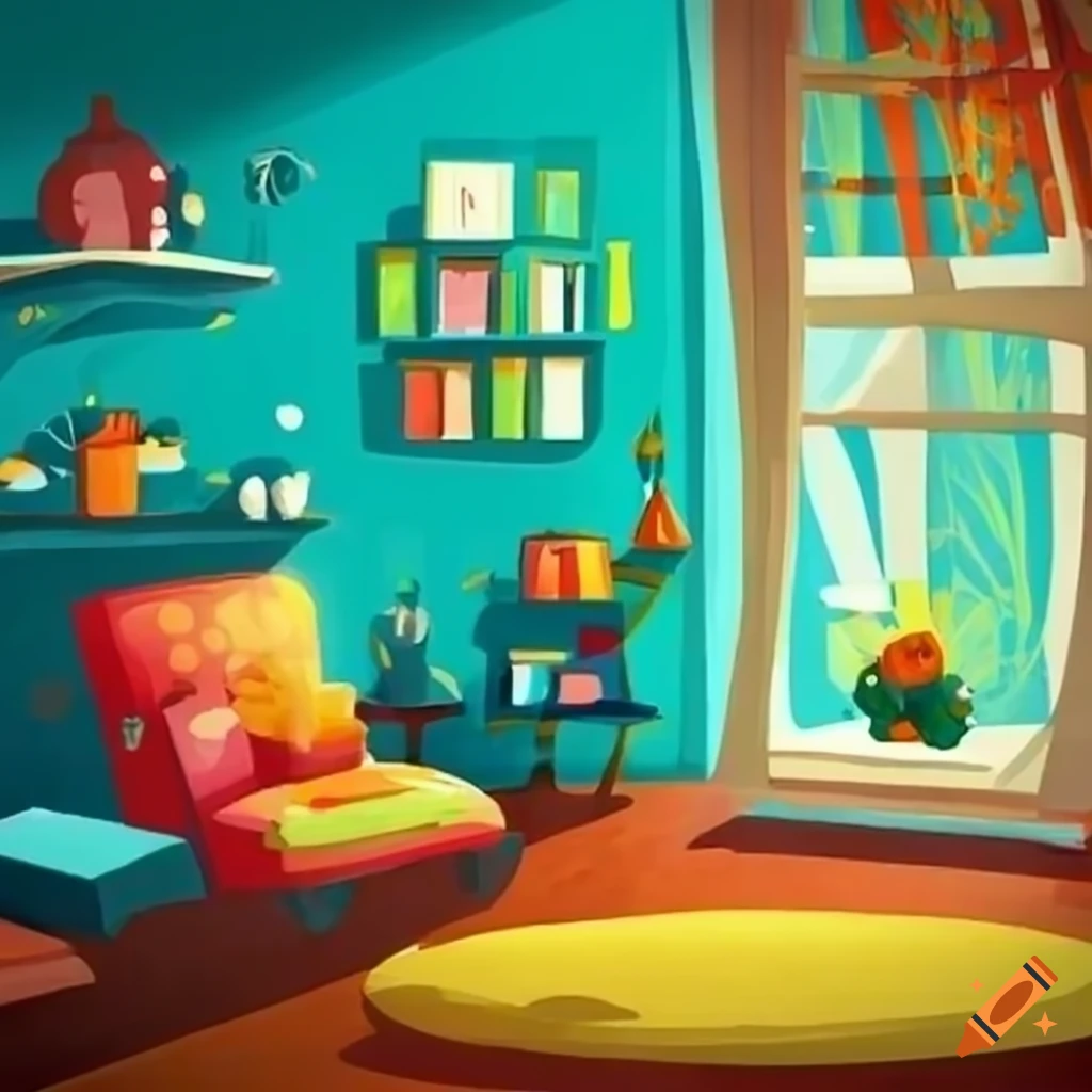 Fun and cozy living room in colorful cartoon art style on Craiyon