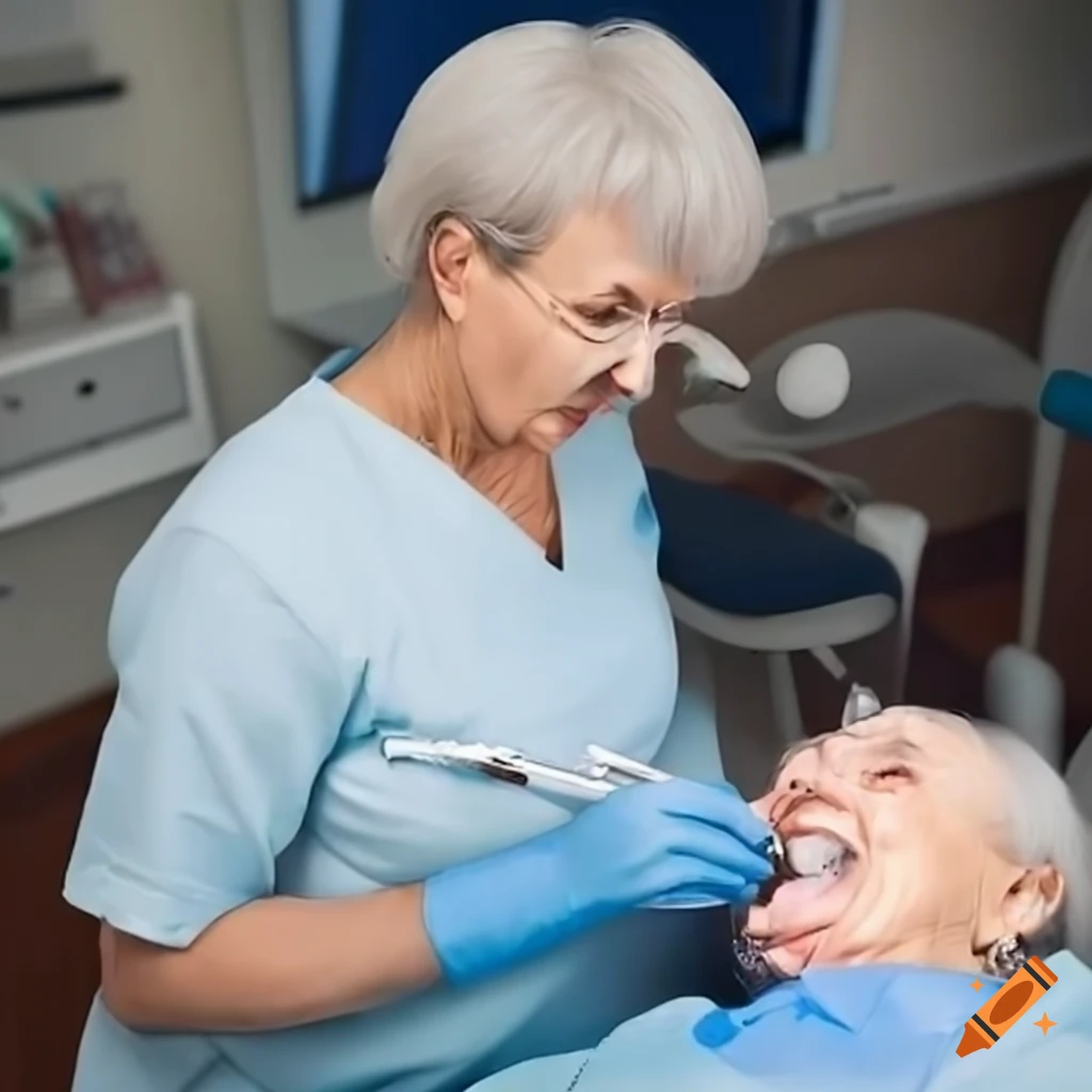 Elderly woman undergoing dental treatment with hygienist on Craiyon