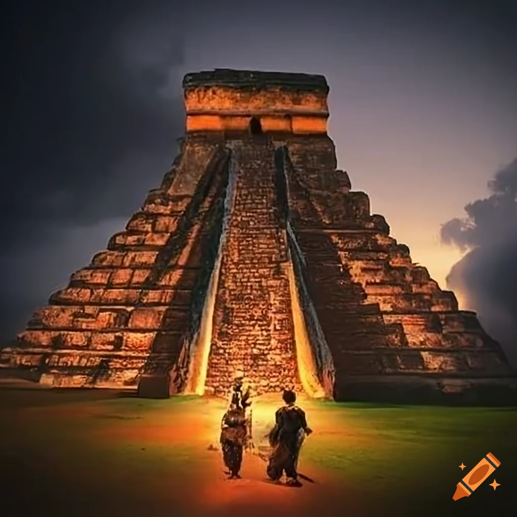 Offering at a Mayan pyramid complex with the presence of God in pre ...