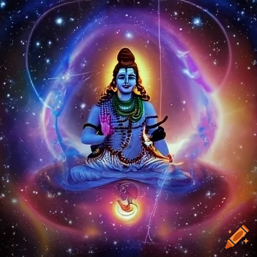 Lord shiva in tranquil contemplation with a cosmic waterfall on Craiyon