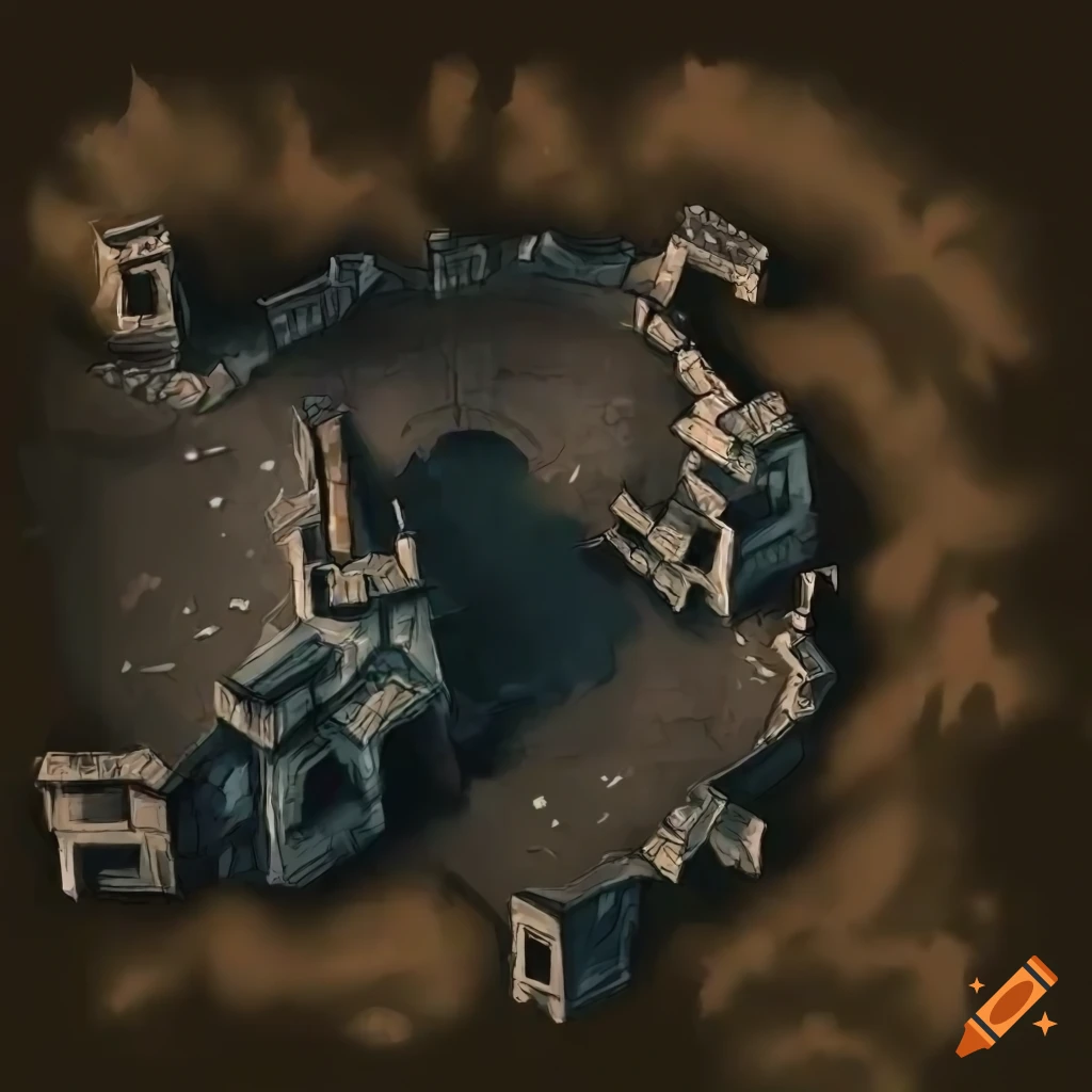 Top down view of a ruined city in Dnd style on Craiyon