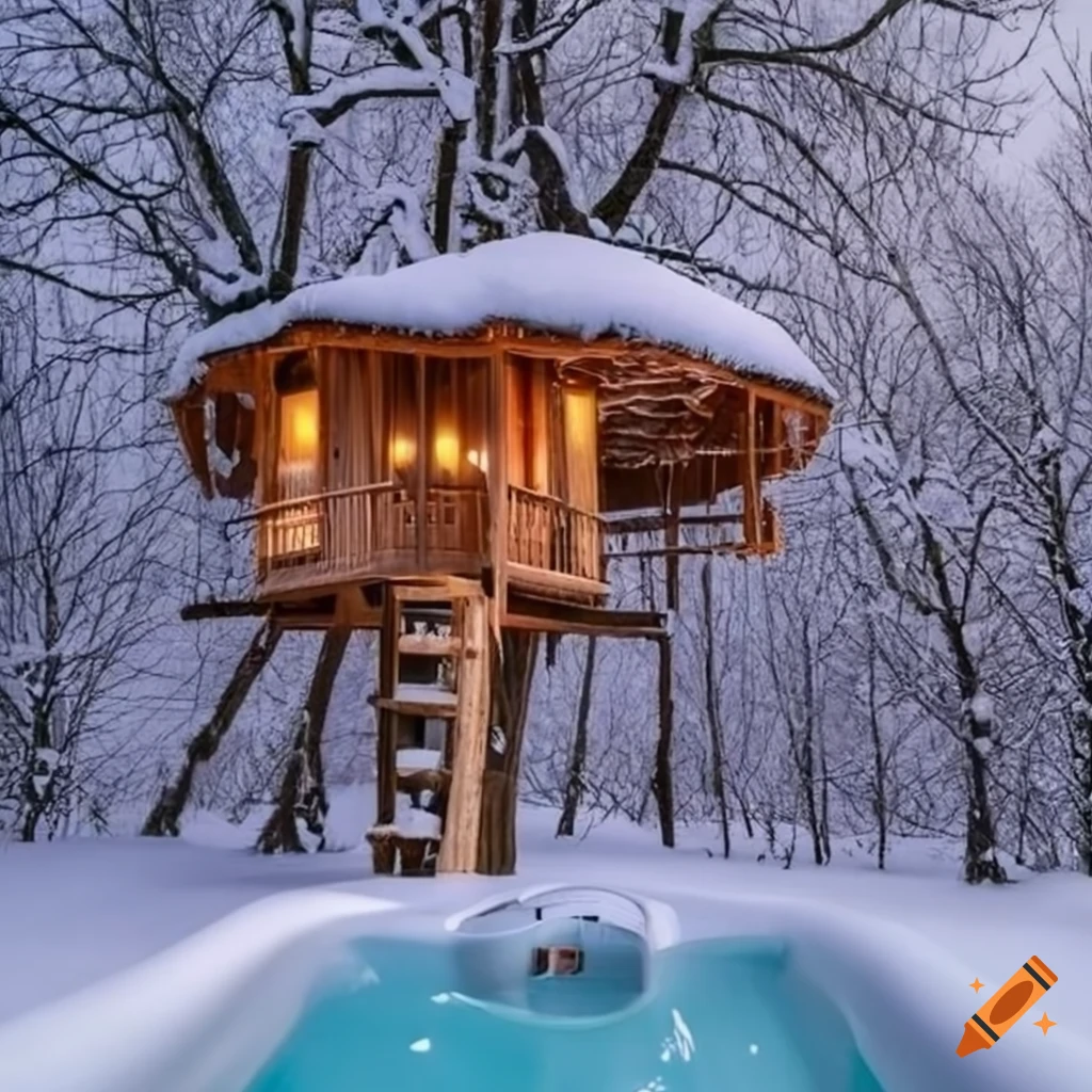 Treehouse with jacuzzi in winter setting on Craiyon