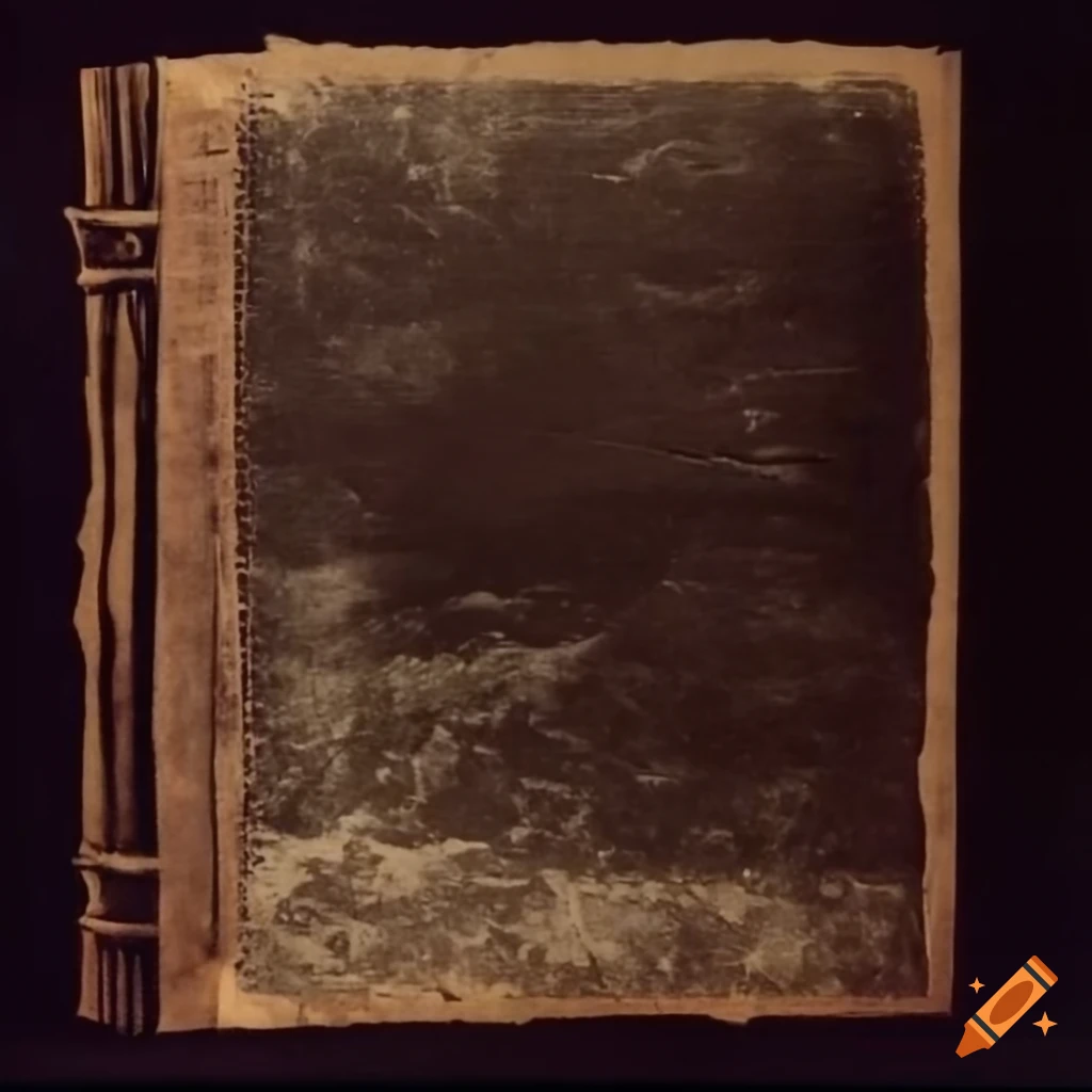 Vintage photo of an open fat book with old text and grainy winter ...