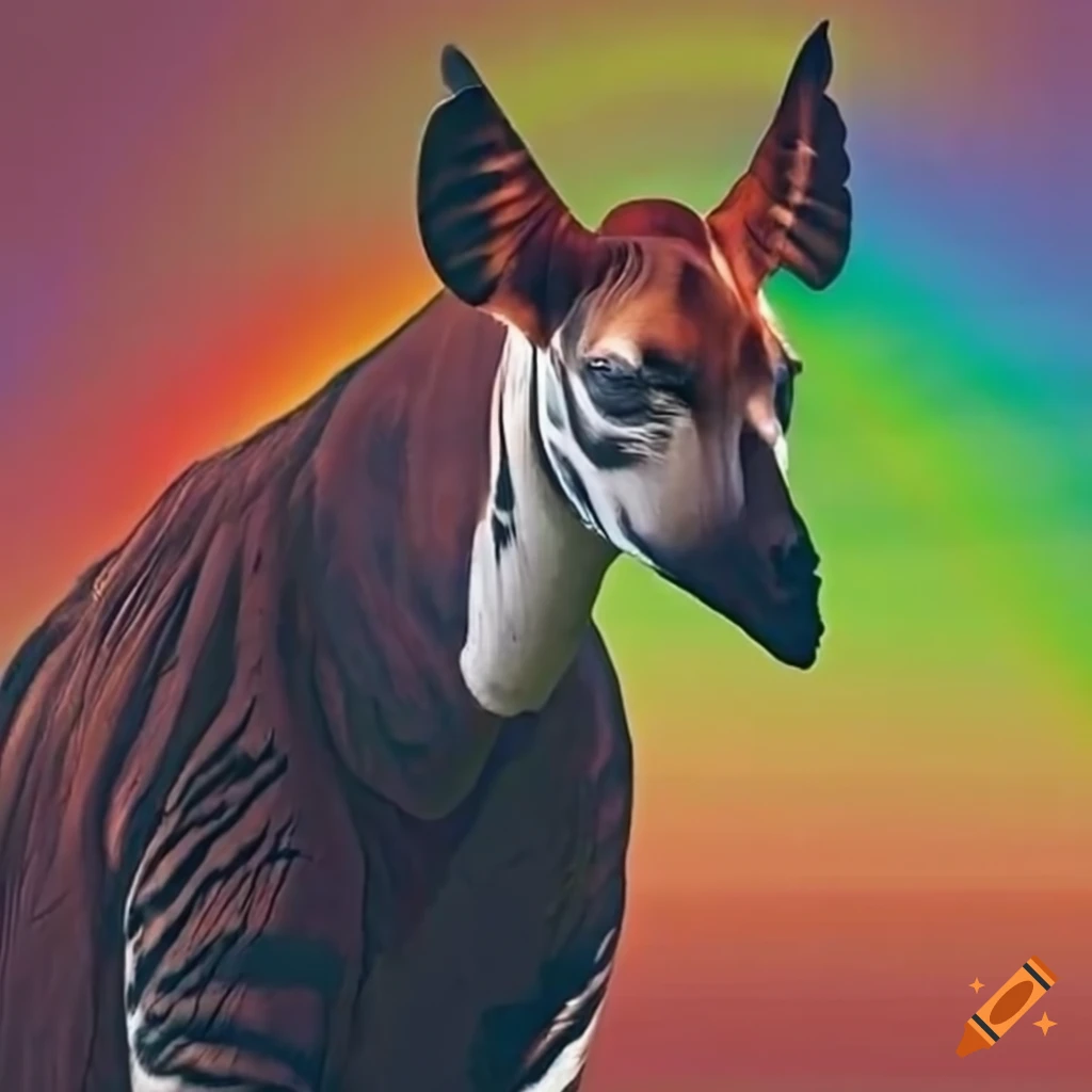 Okapi under a colorful rainbow sky representing the democratic republic ...