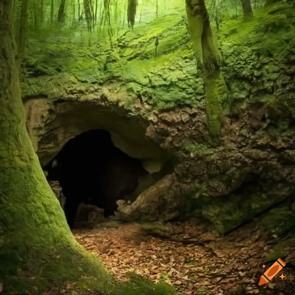 Small cave in a bright forest during daylight on Craiyon