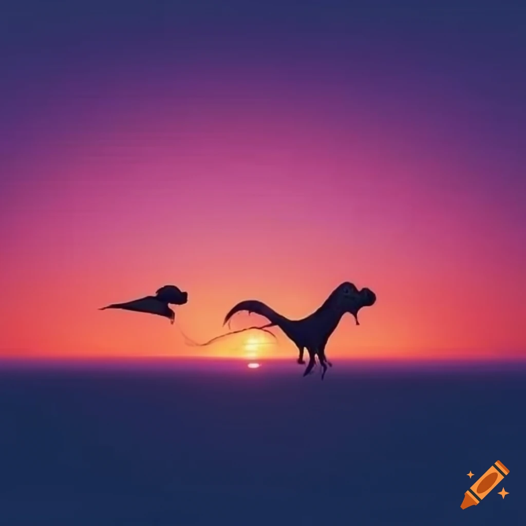 Sunset with silhouetted creatures on the horizon on Craiyon