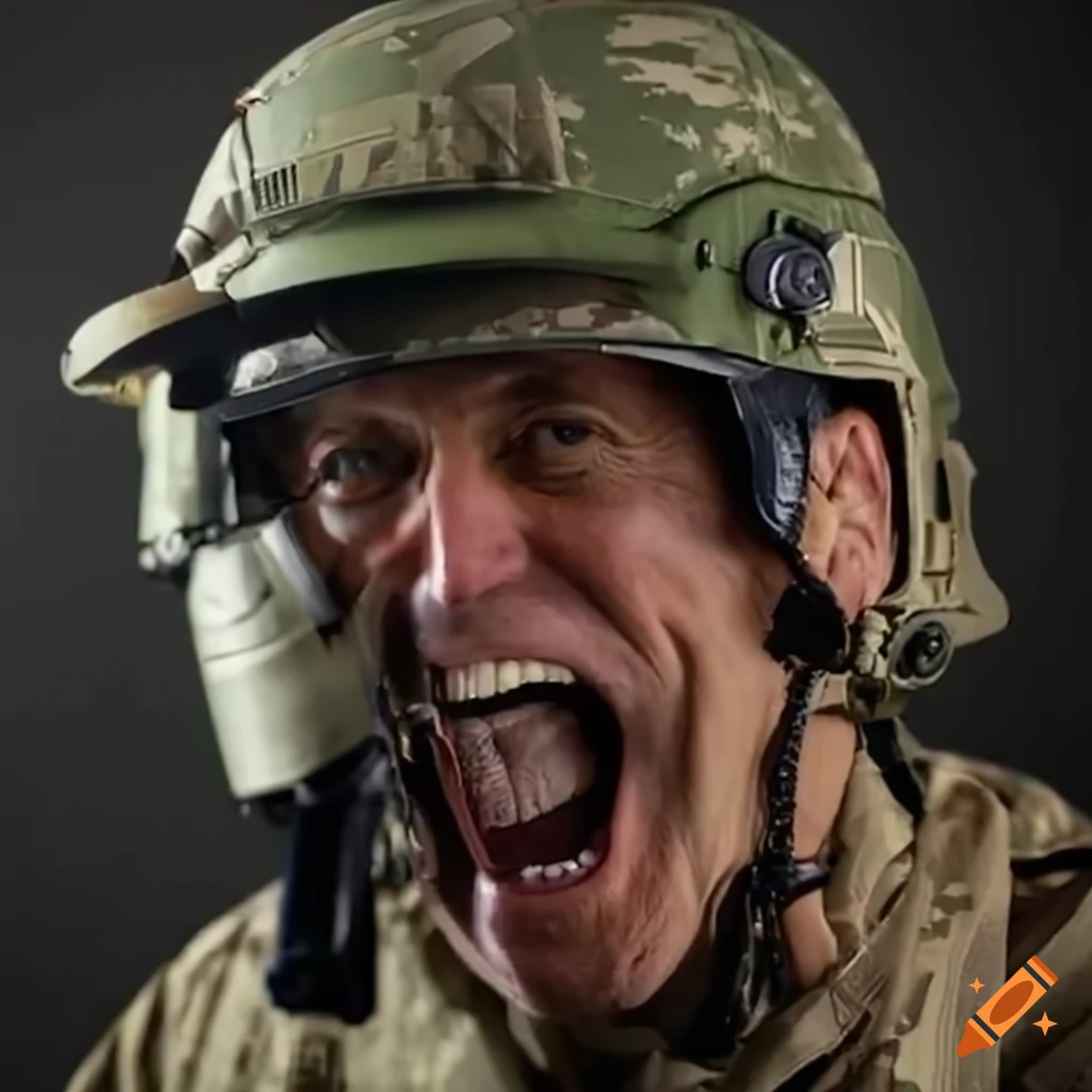 Soldier in helmet shouting in a military setting on Craiyon