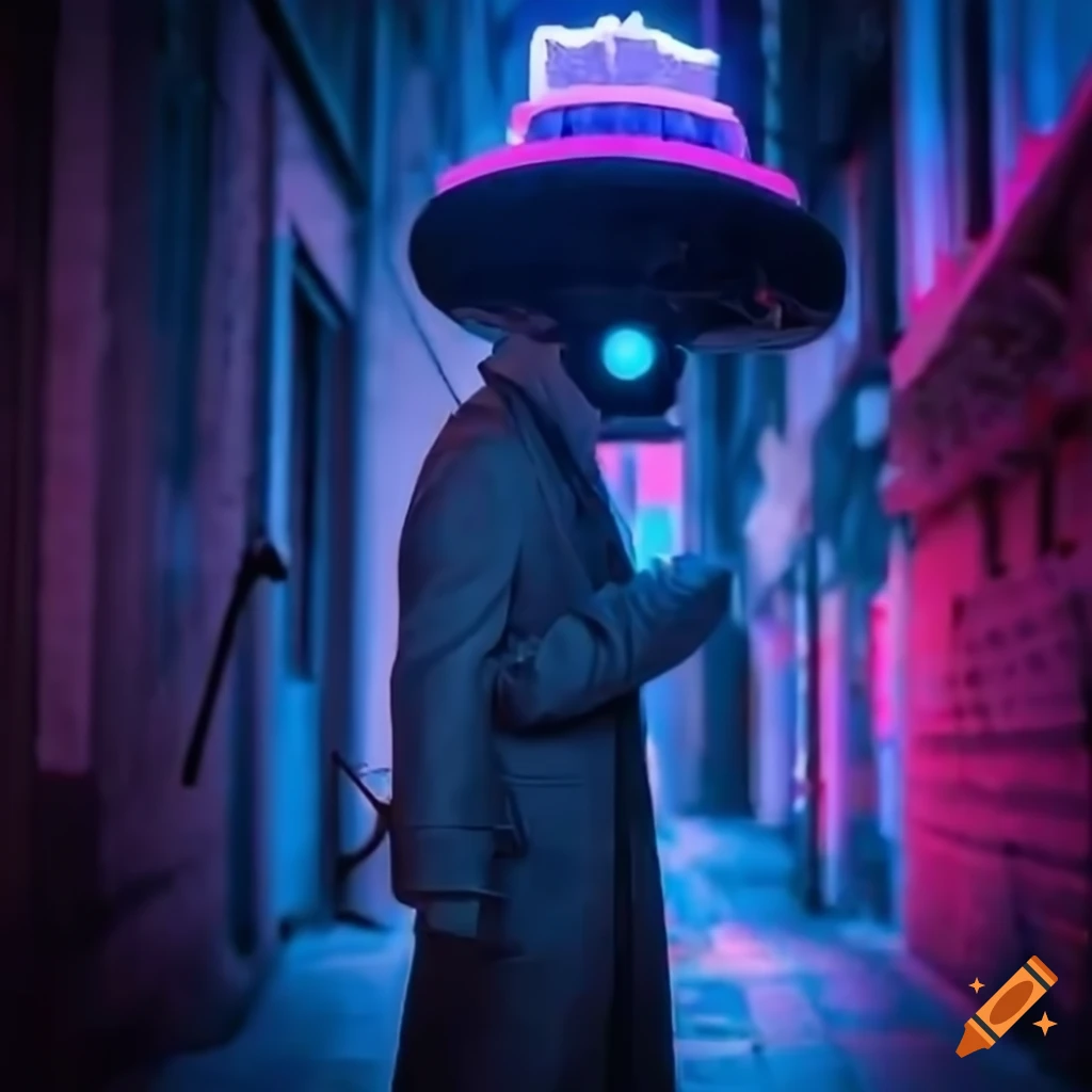 Futuristic detective with cake-shaped head in a neon-lit alleyway on ...