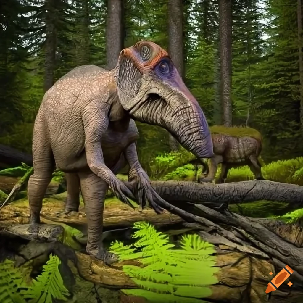 Two realistic Hadrosaurus dinosaurs in a British Columbia forest ...