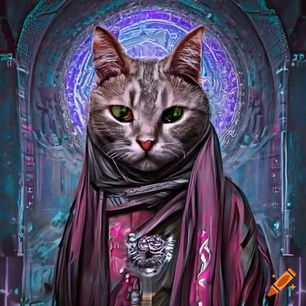 Scifi cyberpunk portrait of a satanic cat in profane robes and grim ...