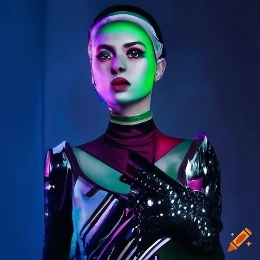 Stunning young woman in futuristic neo-dada outfit in a surreal neon ...