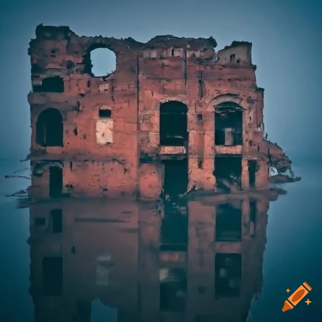 Close-up of crumbling abandoned brick buildings sinking into the ocean ...
