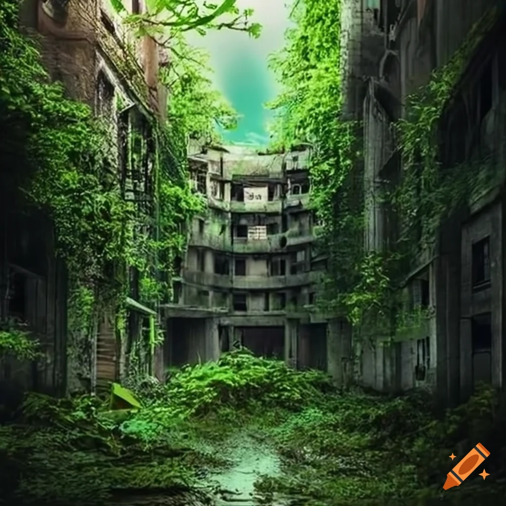 Overgrown dystopian abandoned city with nature on Craiyon