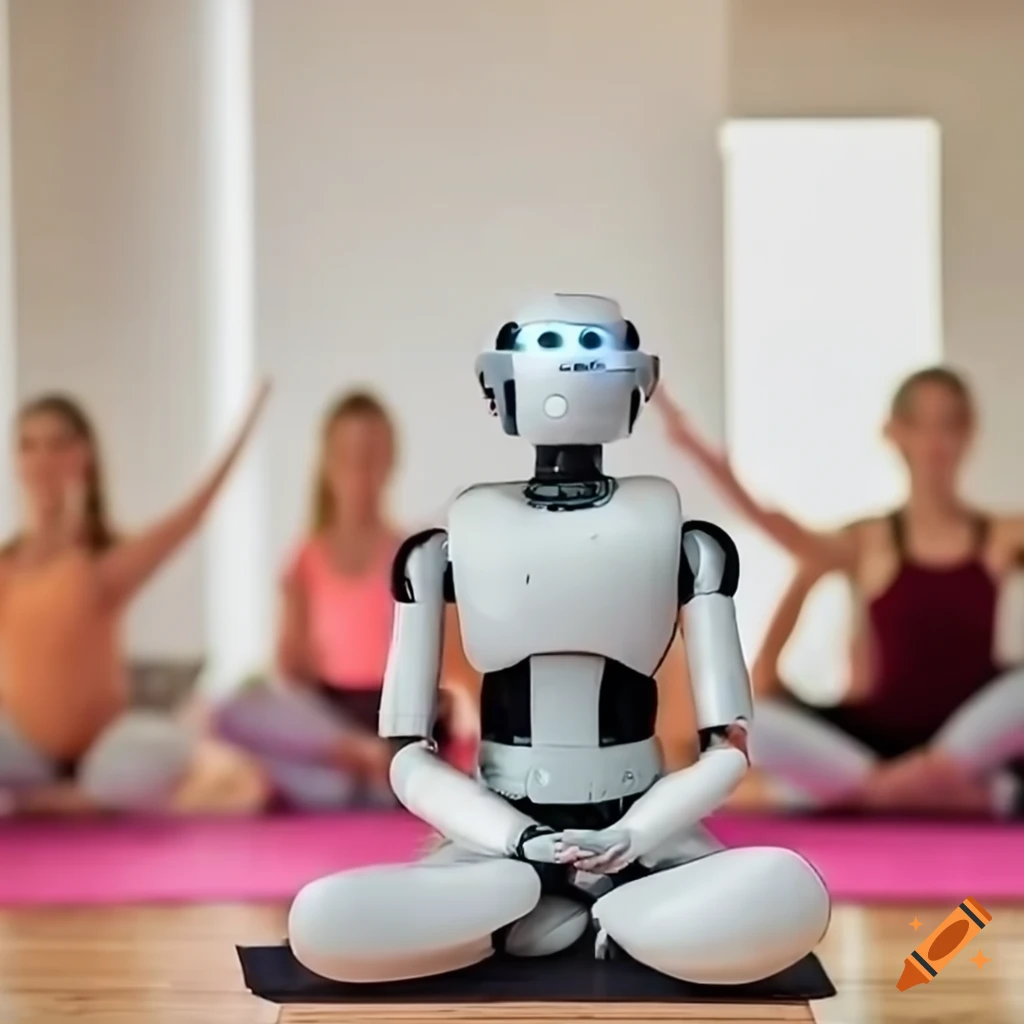 Robot meditating in modern yoga studio with human students in ...