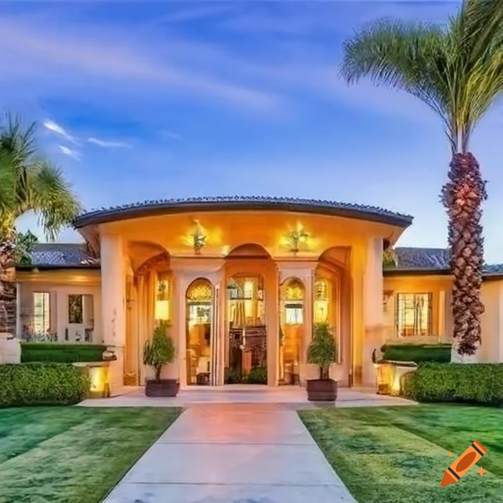 Enormous california one-story mansion with palm trees and sunset view ...