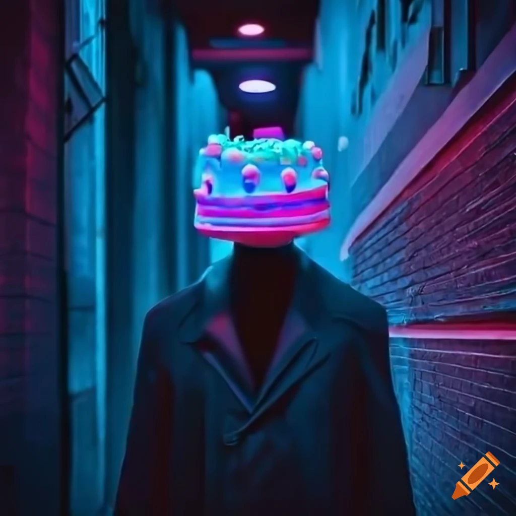 Futuristic detective with cake-shaped head in a neon-lit alleyway on ...
