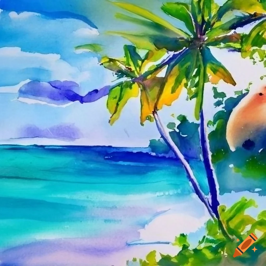 Tropical island beach in expressive watercolor style on Craiyon