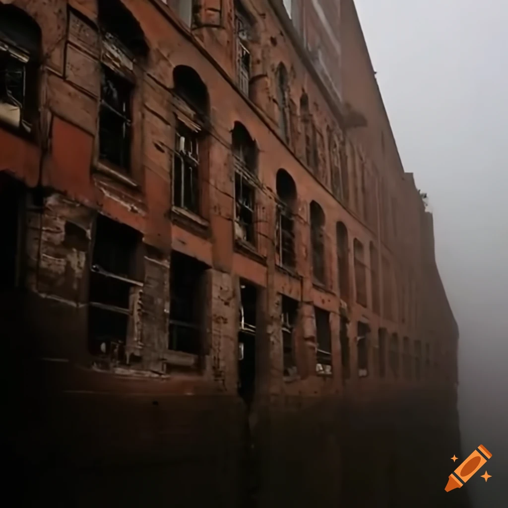 Close-up of abandoned Victorian factory sinking into ocean in pale ...