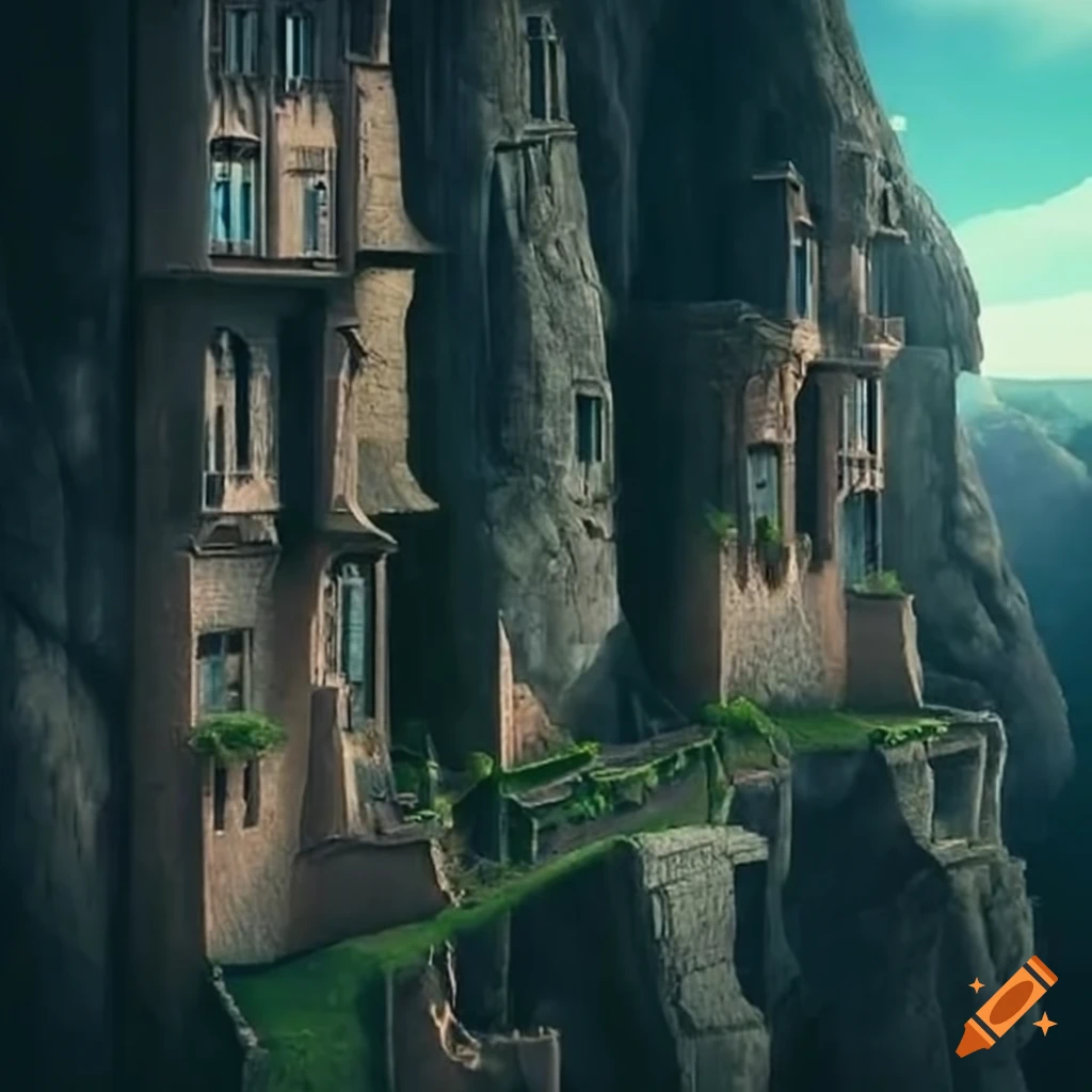Fantasy buildings on the side of a vertical cliff with pathways cut ...