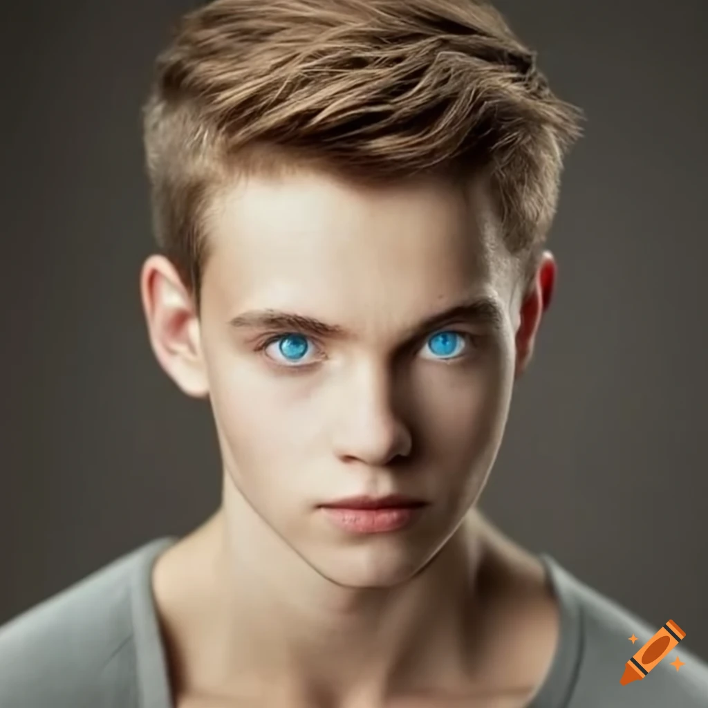 Portrait of a man with short brown hair, pale blue eyes, and a strong ...