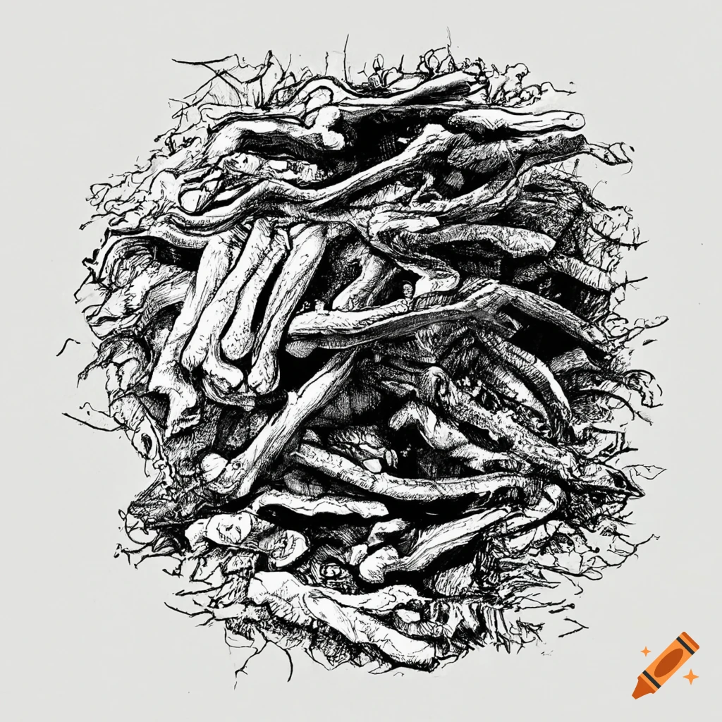 Detailed ink drawing of a pile of bones on Craiyon