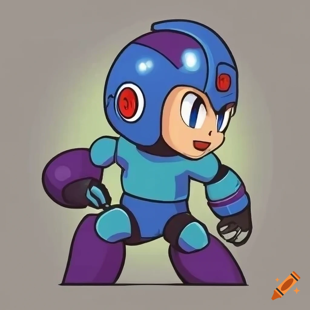 Retro robot inspired by Megaman in cartoon and chibi art style on Craiyon