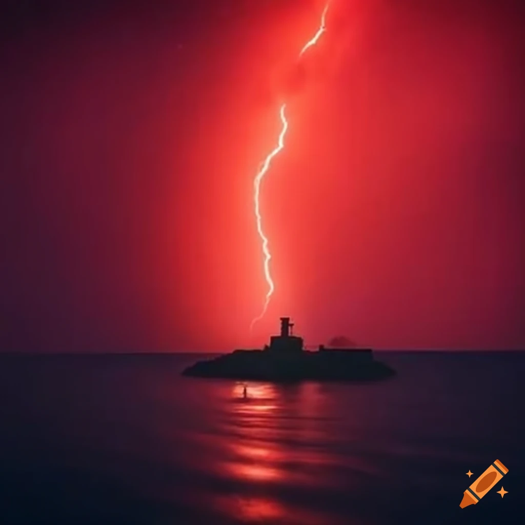 Mysterious red storm forming over a lighthouse island on Craiyon