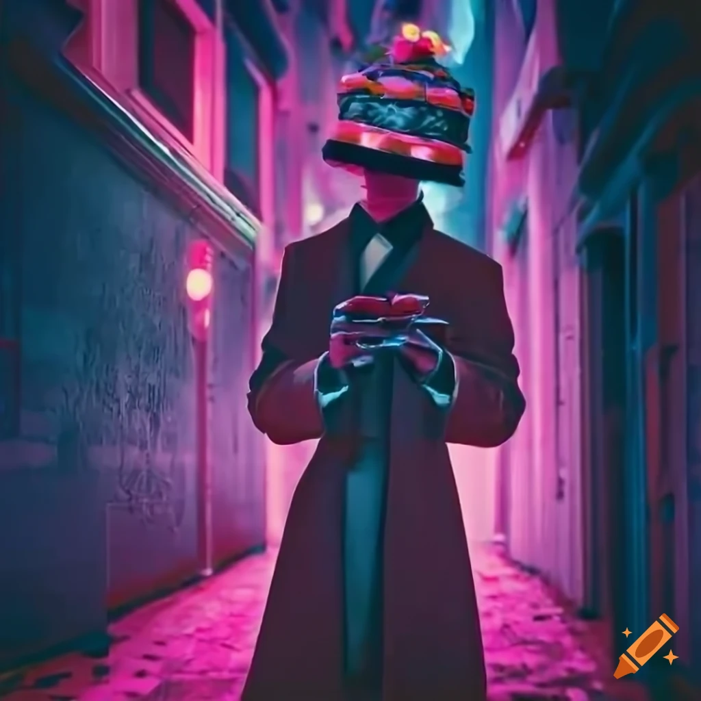 Futuristic detective in a neon-lit alleyway with retro-synth beats on ...