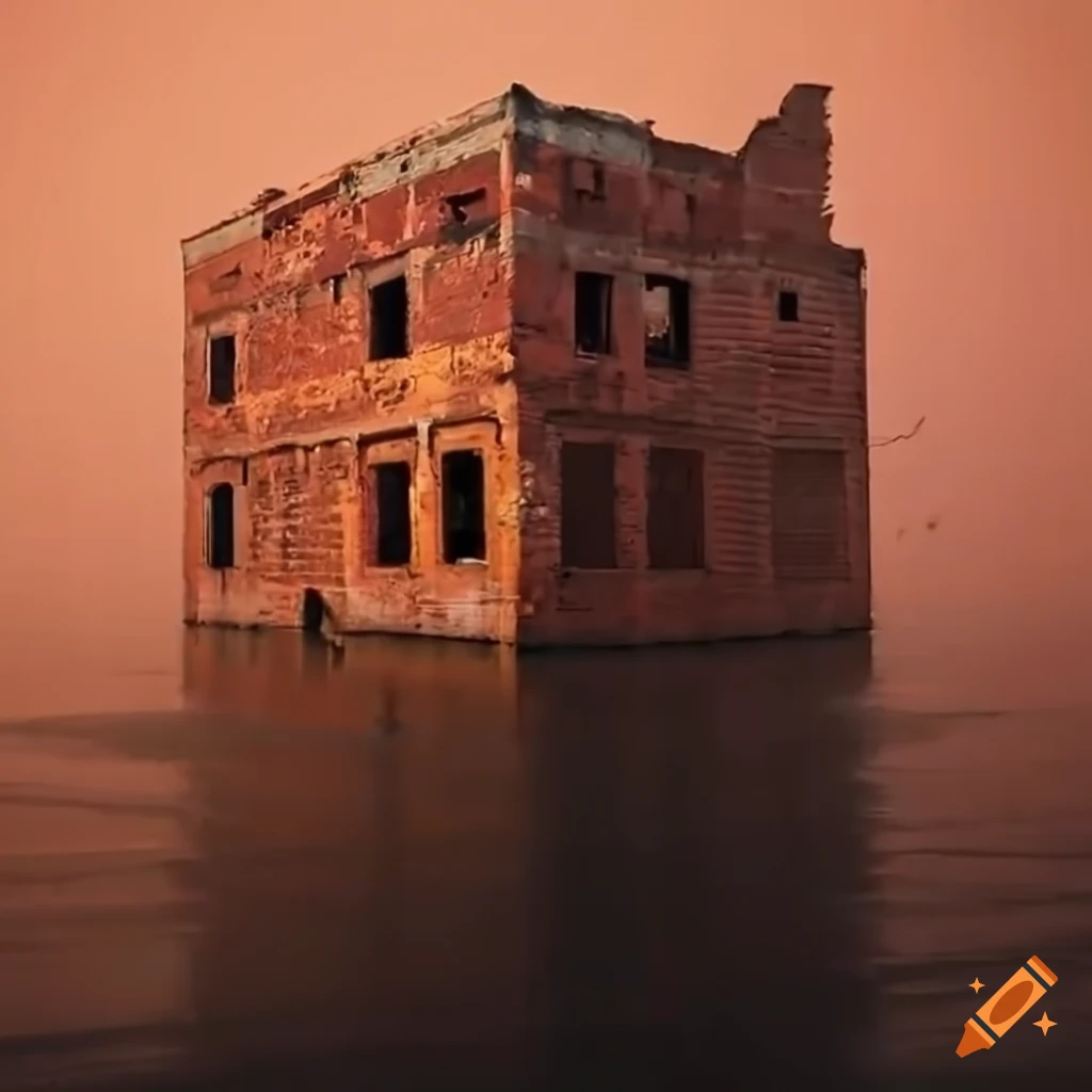 Close-up of abandoned brick buildings sinking into ocean in pale orange ...