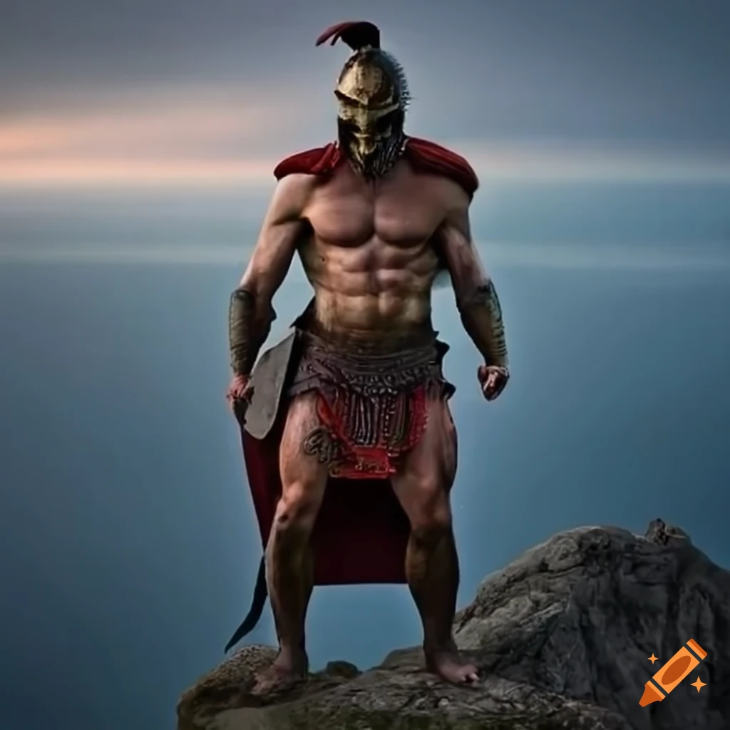 Greek spartan warrior standing on rugged mountain with raised fist on ...