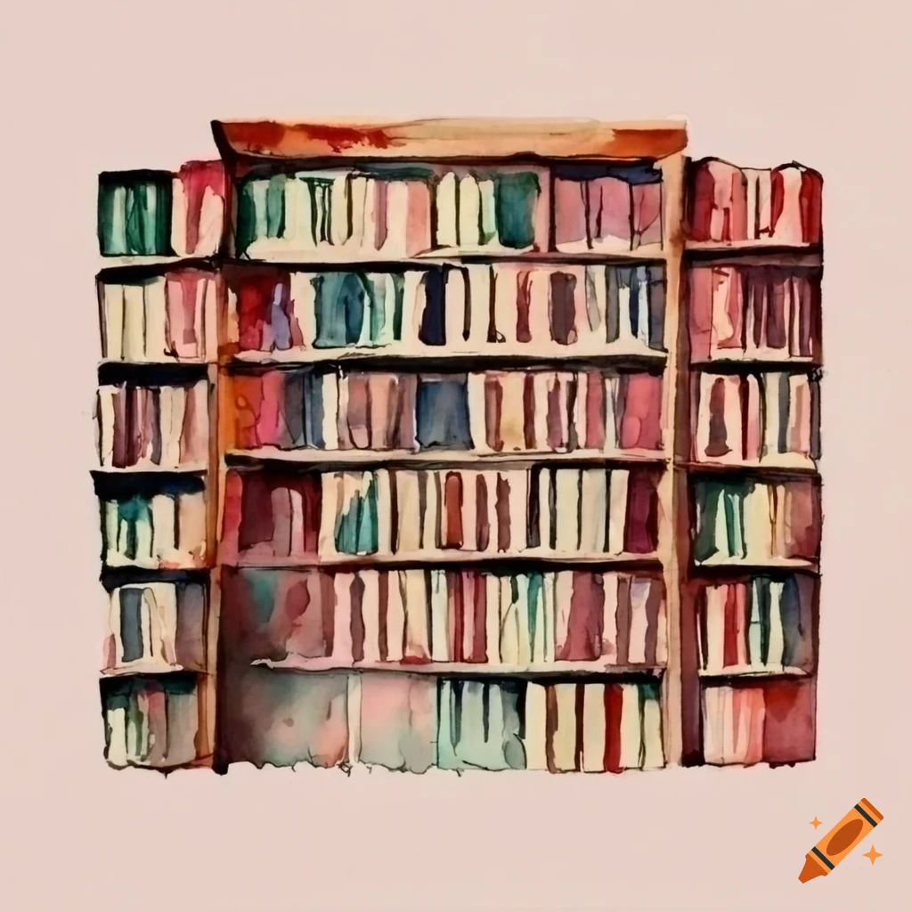 Library bookshelf in watercolor on Craiyon