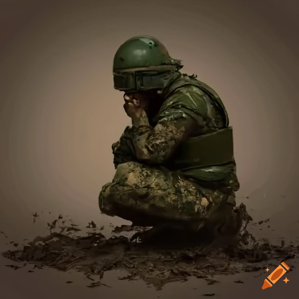 Sad soldier crouching in mud on Craiyon