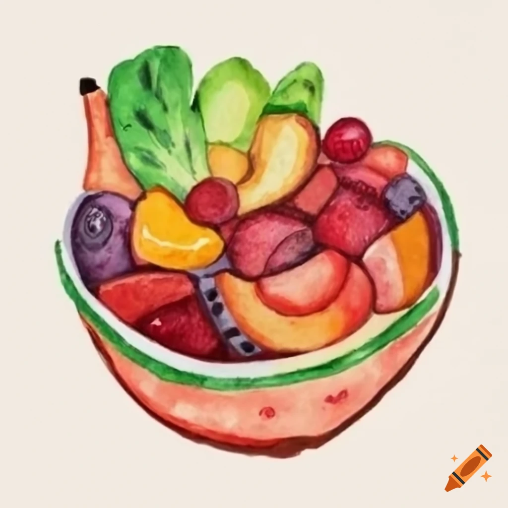 Colorful fruit salad on a white background drawn with crayons on Craiyon