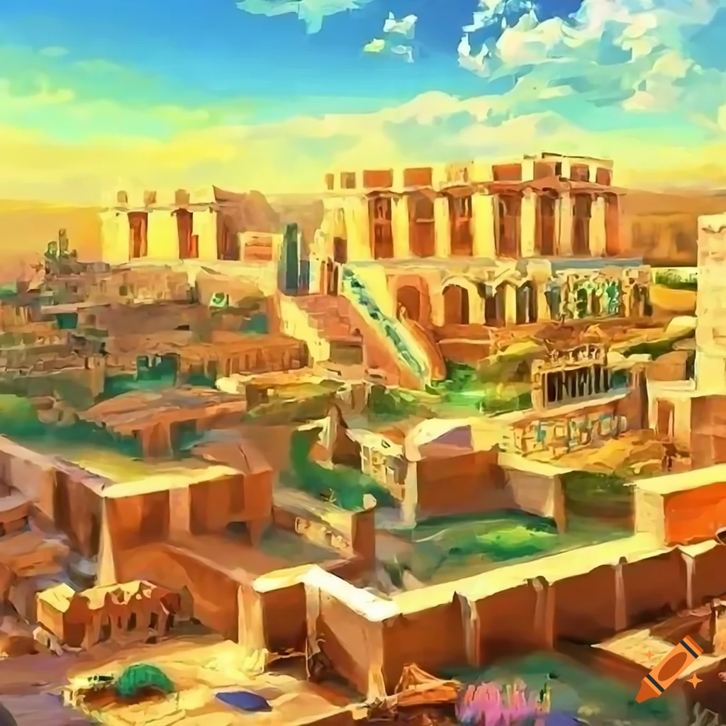 Colorful painting of a fantasy medieval city panorama with market and ...