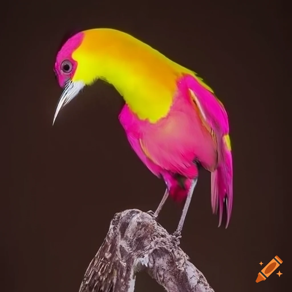 Neon bird in pink and yellow colors on Craiyon
