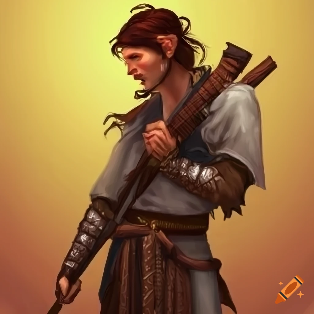 Medieval RPG bard character with lute, half-elf appearance, and samurai ...
