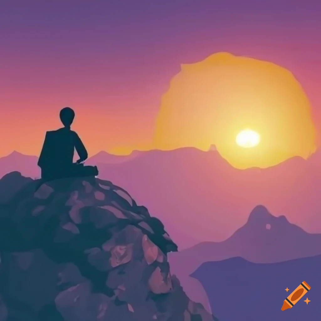 Hiker sitting on mountain summit with animated sunset on Craiyon