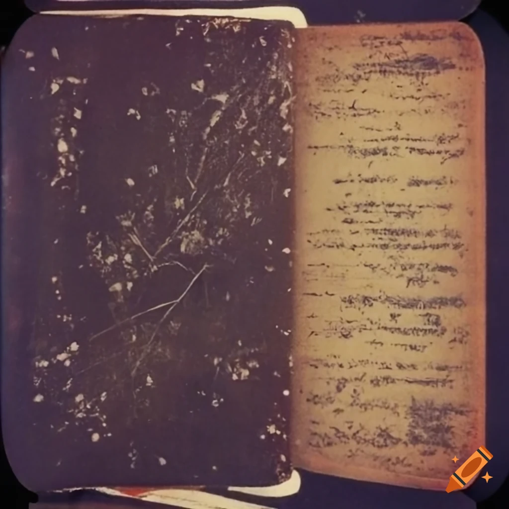 Vintage open notebook with old text and grainy winter photos on Craiyon