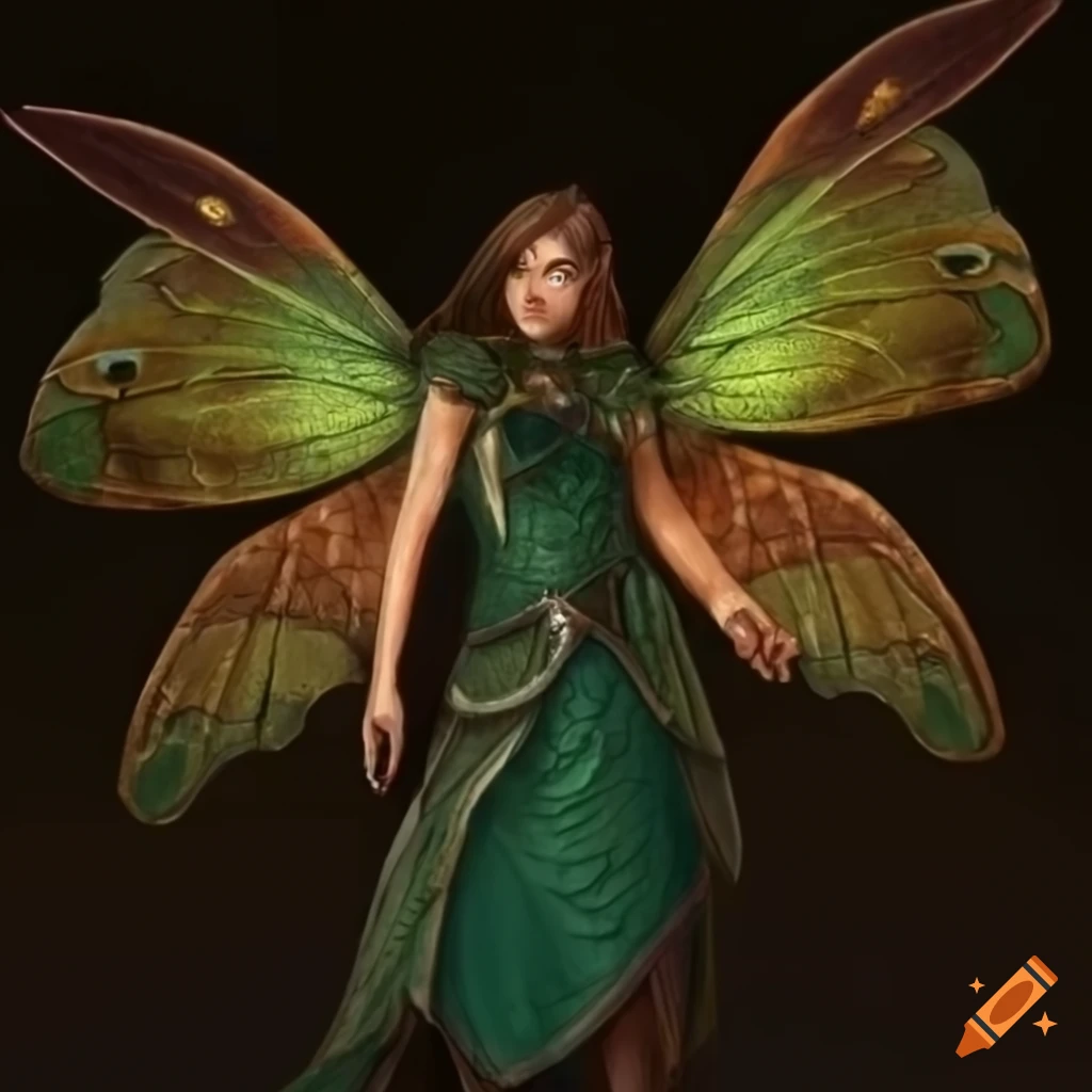 Fairy with green moth wings wearing leather armor on Craiyon