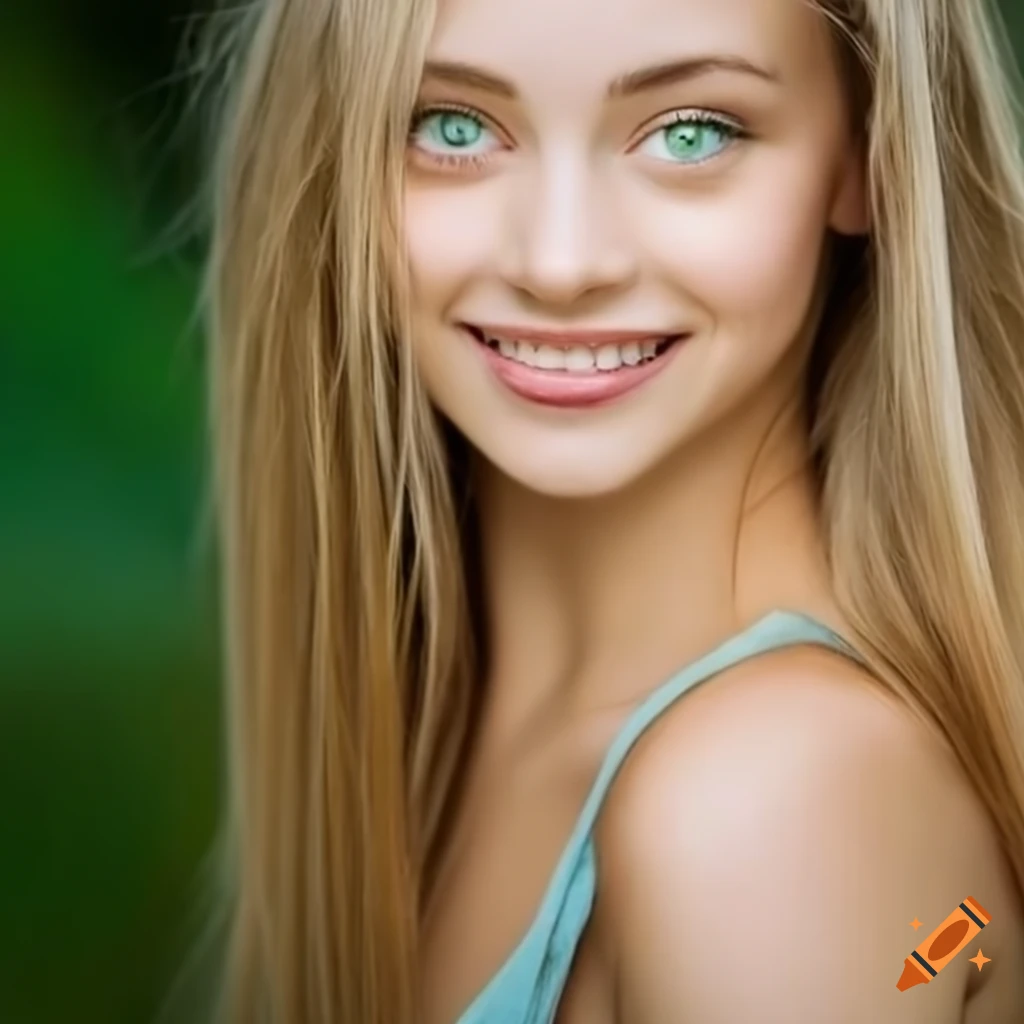 Beautiful young woman with long blonde hair and green eyes smiling on Craiyon